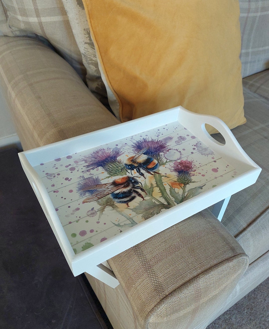 WHITE Wood Sofa Tray Bee Save the Bees Nature Lover Gift Farmhouse ...