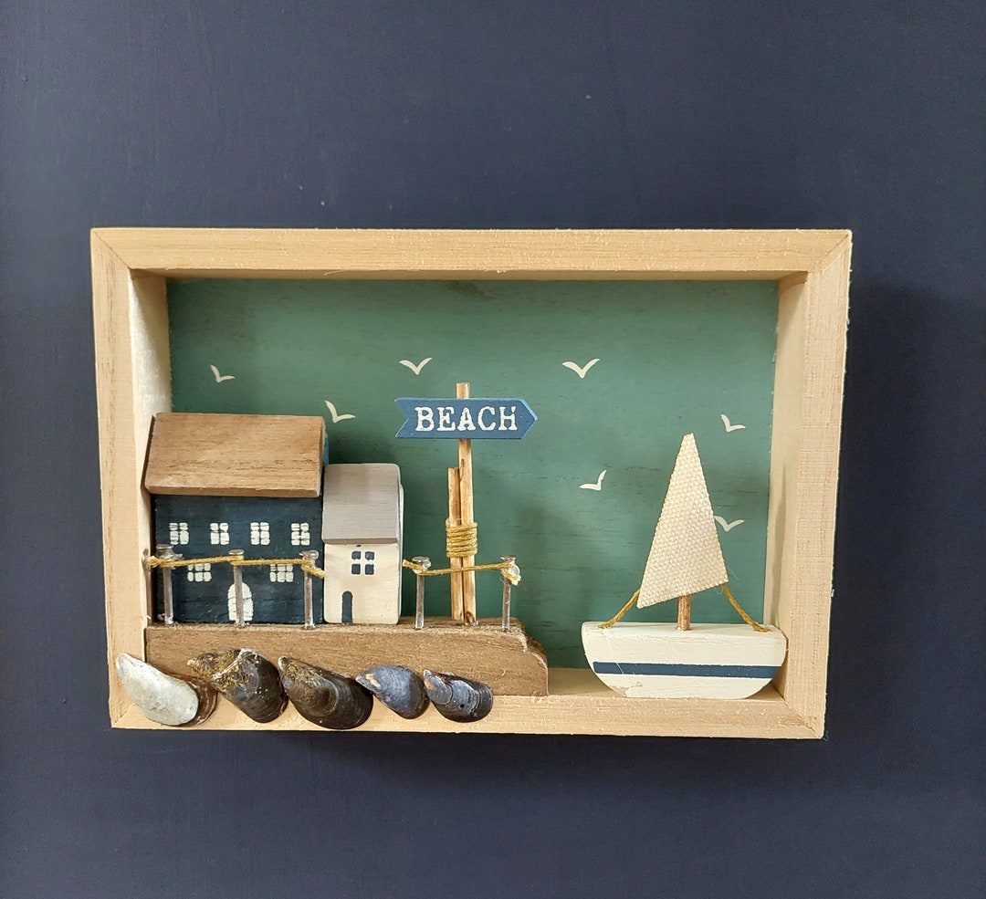 The Sailing Harbour Side Box Frame Driftwood Cottages Houses Beach Art ...