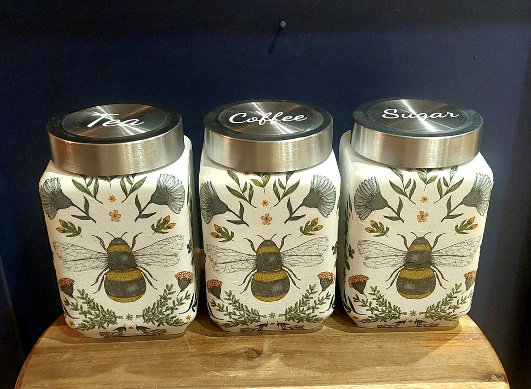 Bees Tea Coffee Sugar Set of 3 Canisters Bumble Bee Scottish Thistle ...