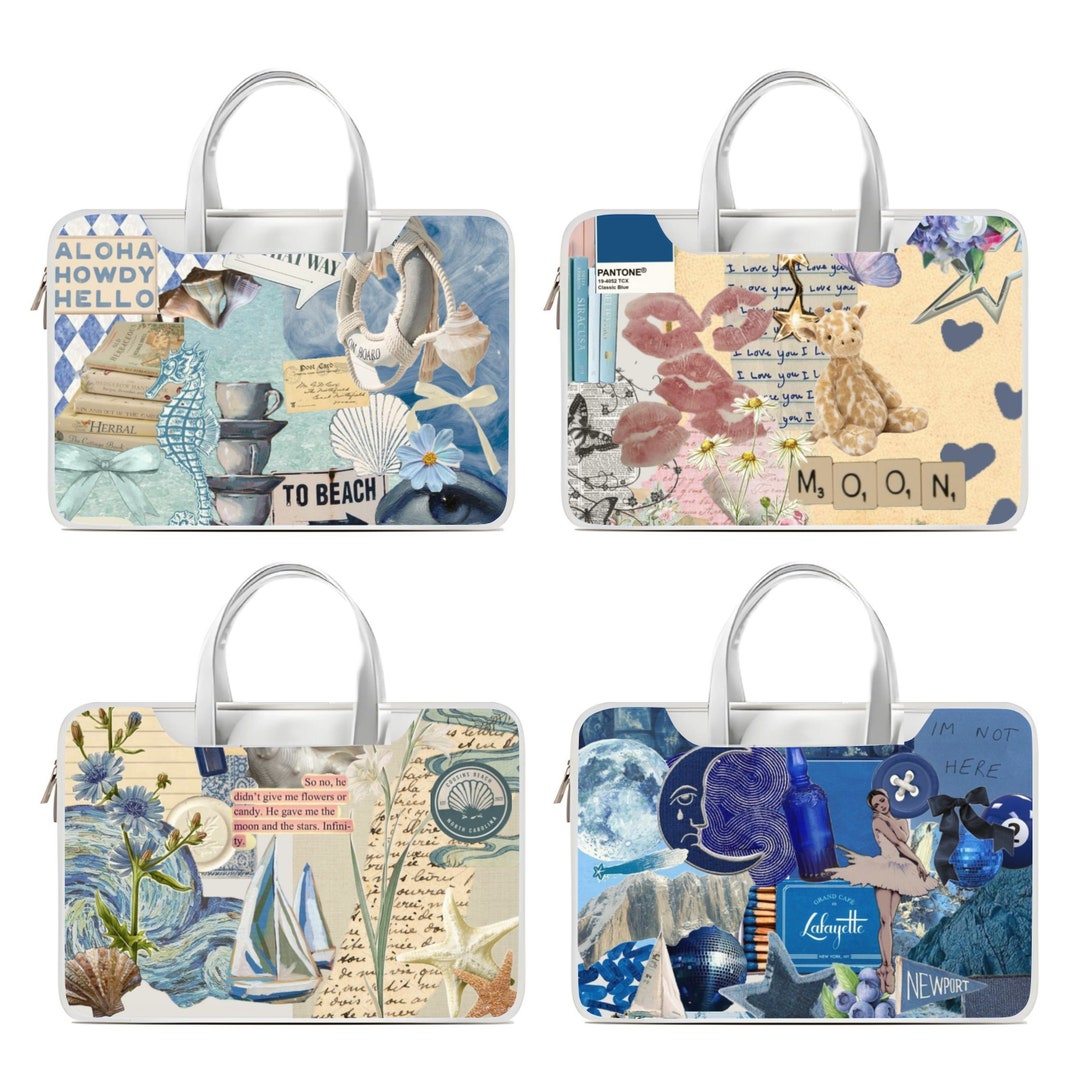 Cute Blue Pattern Aesthetic Scrapbook Laptop Bag With Handle, Shoulder ...