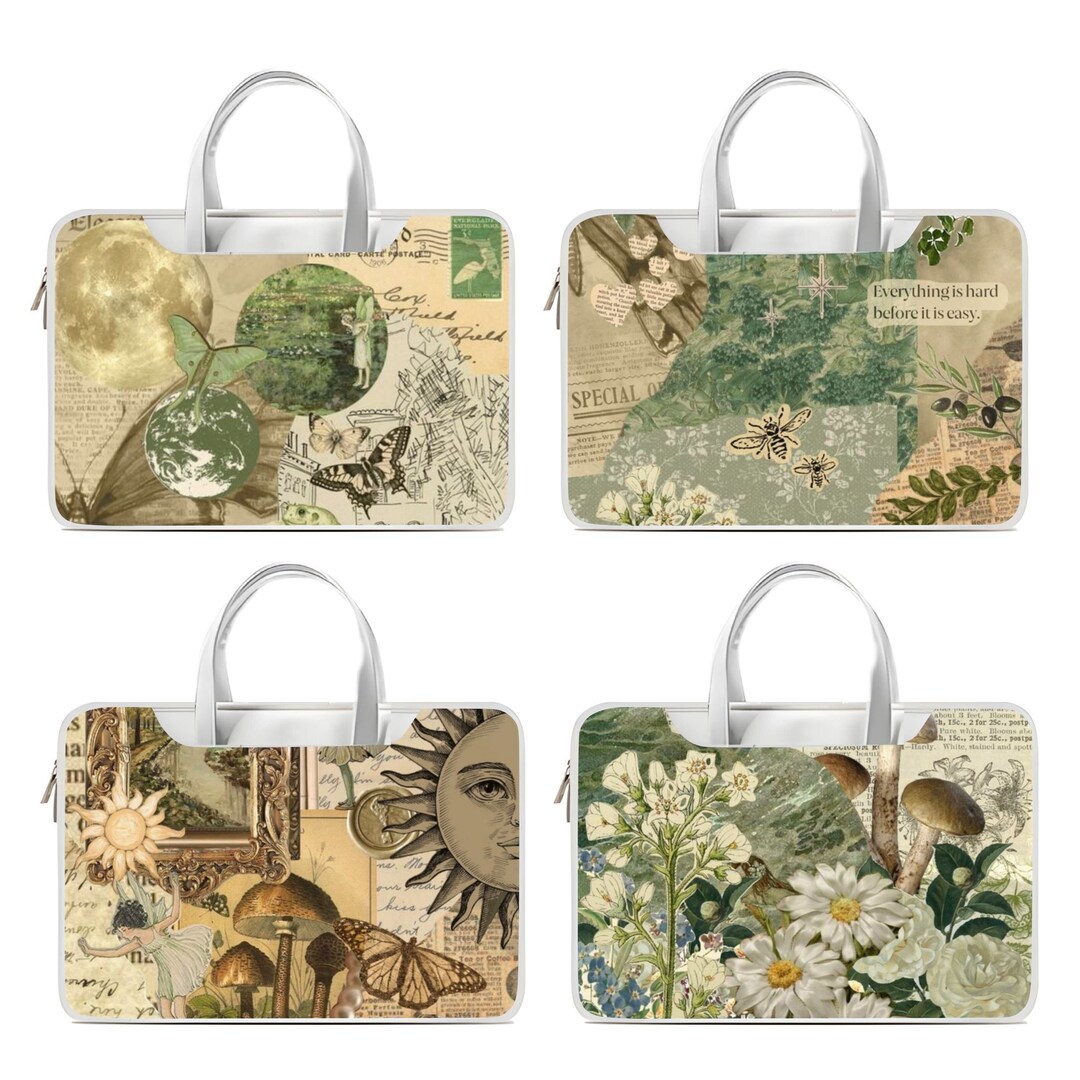 Cute Botanical Illustration Aesthetic Scrapbook Laptop Bag With Handle ...