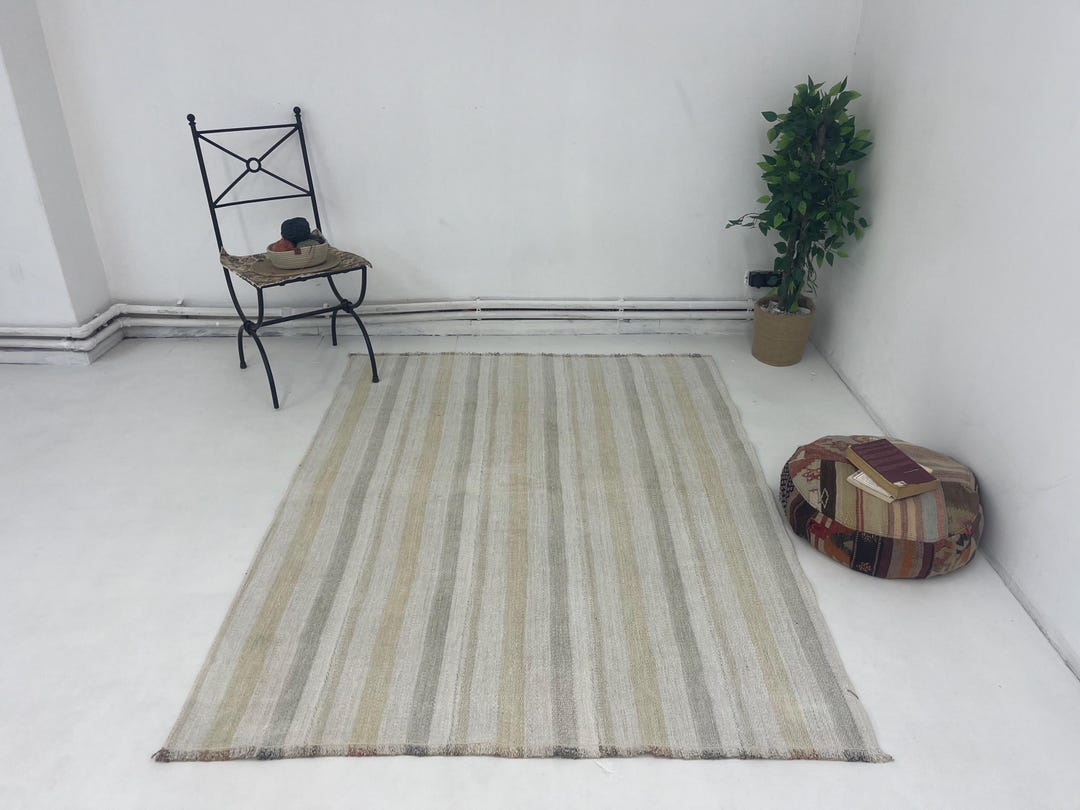 5x6 Striped White Hemp Rug,turkish Hemp White 5x6 Area Rug,pale Colors ...
