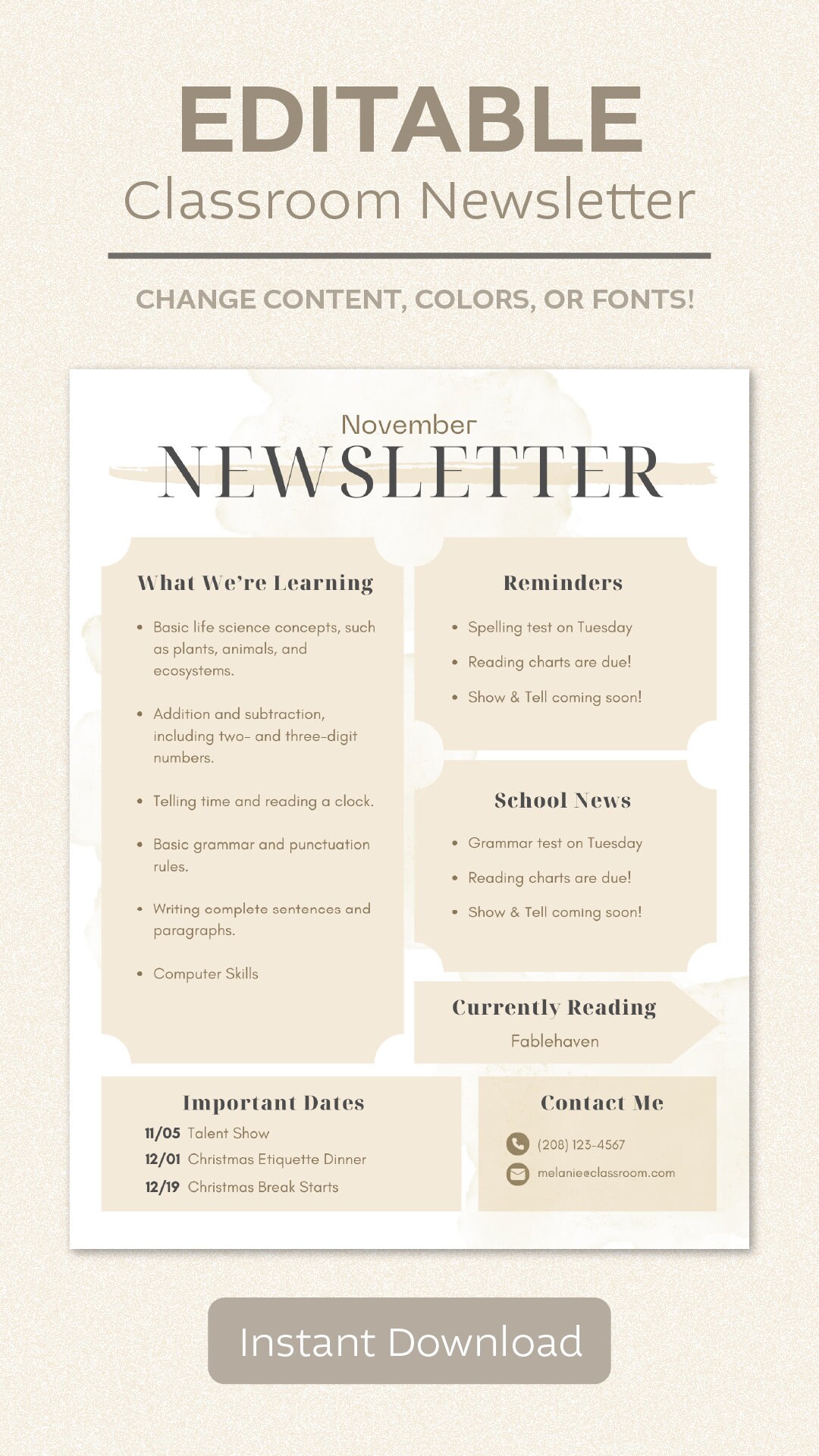Neutral Editable Classroom Newsletter Template in Canva - Etsy