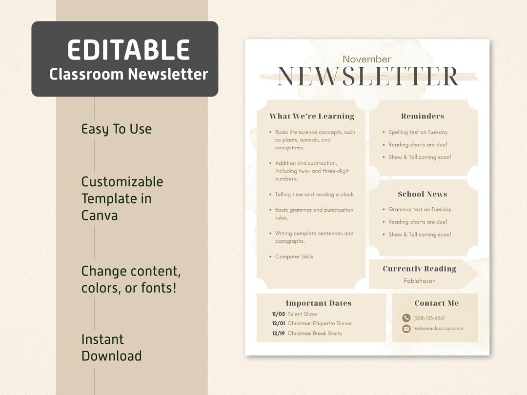 Neutral Editable Classroom Newsletter Template in Canva - Etsy