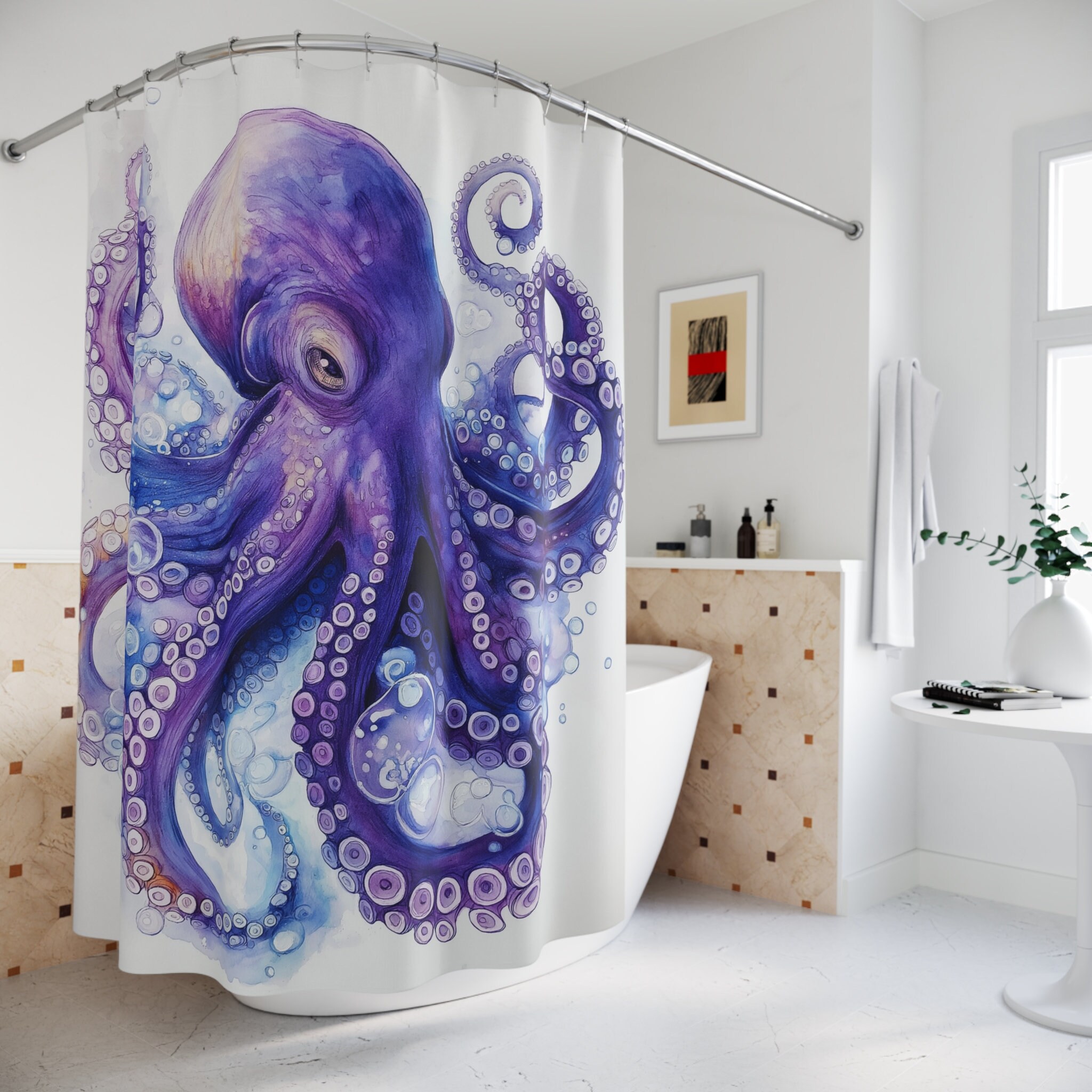 Octopus in Water Bubbles Shower Curtain Watercolor Octopus Bathroom ...