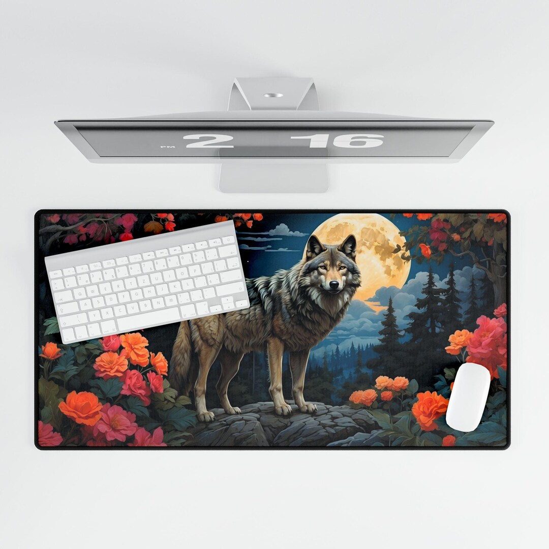 Wolf in Roses With Moon Desk Mat, Mouse Pad for Home Office, Floral ...