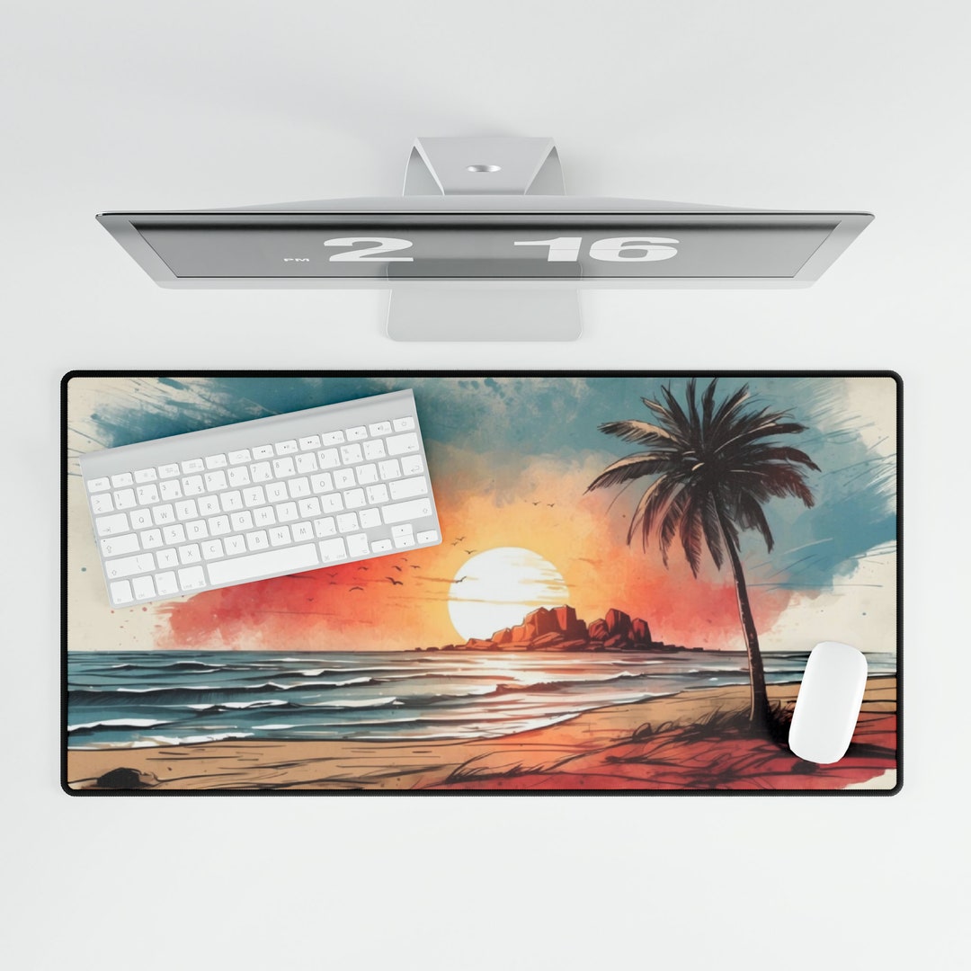 Minimalist Beach Landscape Desk Mat, Beach Sun Desk Mat, Beach Palm ...