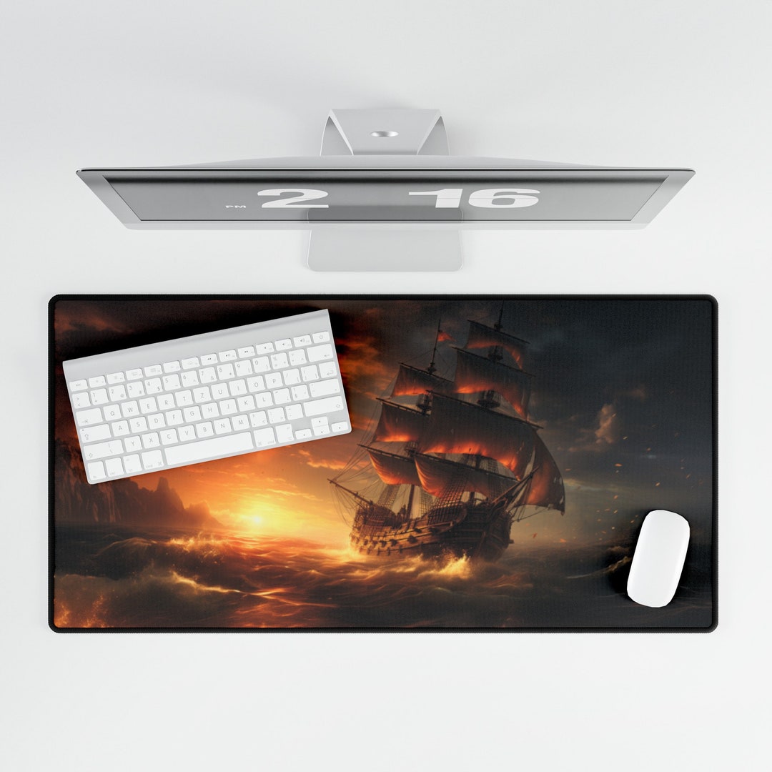 Pirate Ship in Storm on Fantasy Island Desk Mat Pirate Cove Desk Mat ...