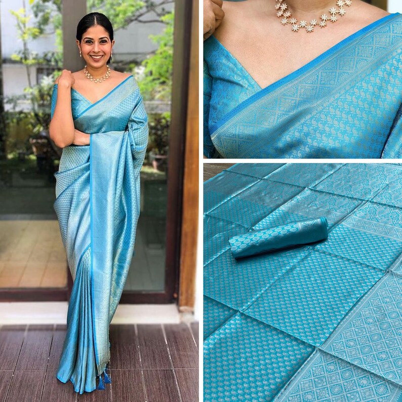 Sky Blue Colour and Silver Zari Weaving Saree Beautiful Design Saree ...