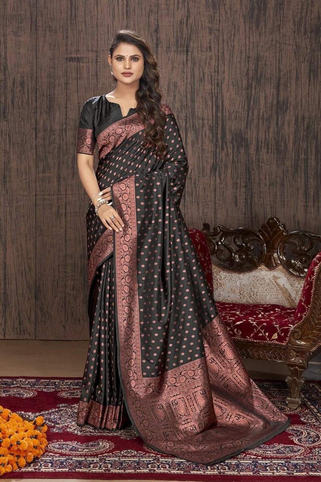 Black Color With Copper Jeri Banaras Silk Saree With Matching Blouse ...