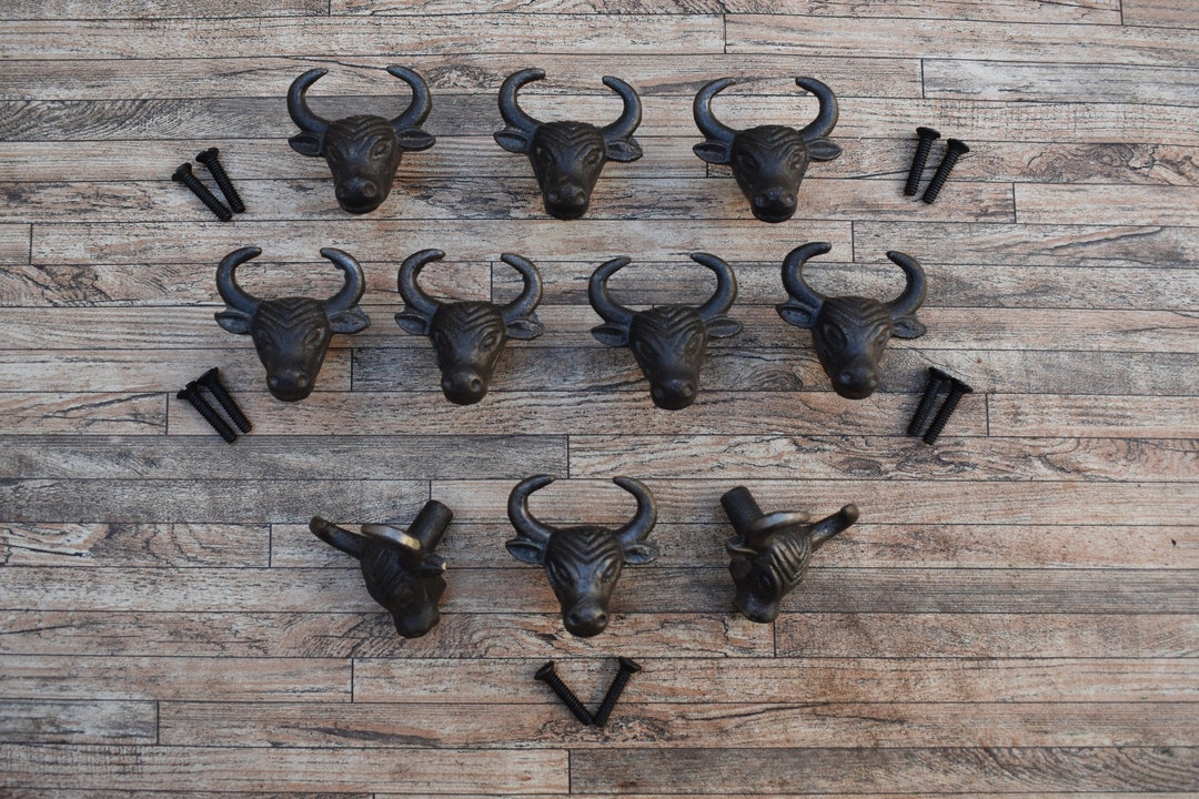 10 Pack Cast Iron Cow Face Knobs - Rustic Buffalo Drawer Pulls for ...