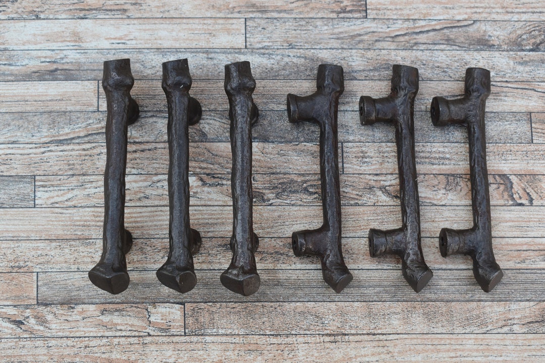 6 Cast Iron Rustic Cabinet Pulls - Wooden Shape ,farmhouse Kitchen Door ...