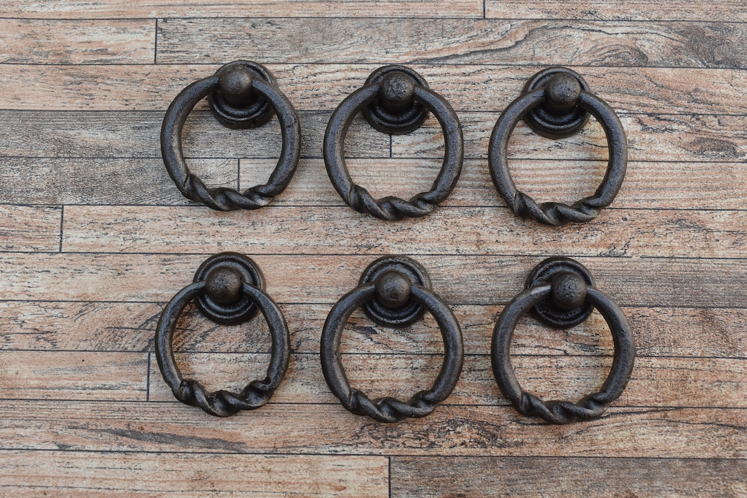 6 Pcs Vtg Cast Iron Drawer Cabinet Cupboard Door Gate Trunk Pull Drop Knobs Handles Pulls Latch ...