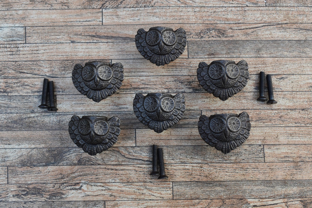 6 Pcs Vintage Cast Iron Knob Owl Face Shape Drawer Cupboard Door Gate ...