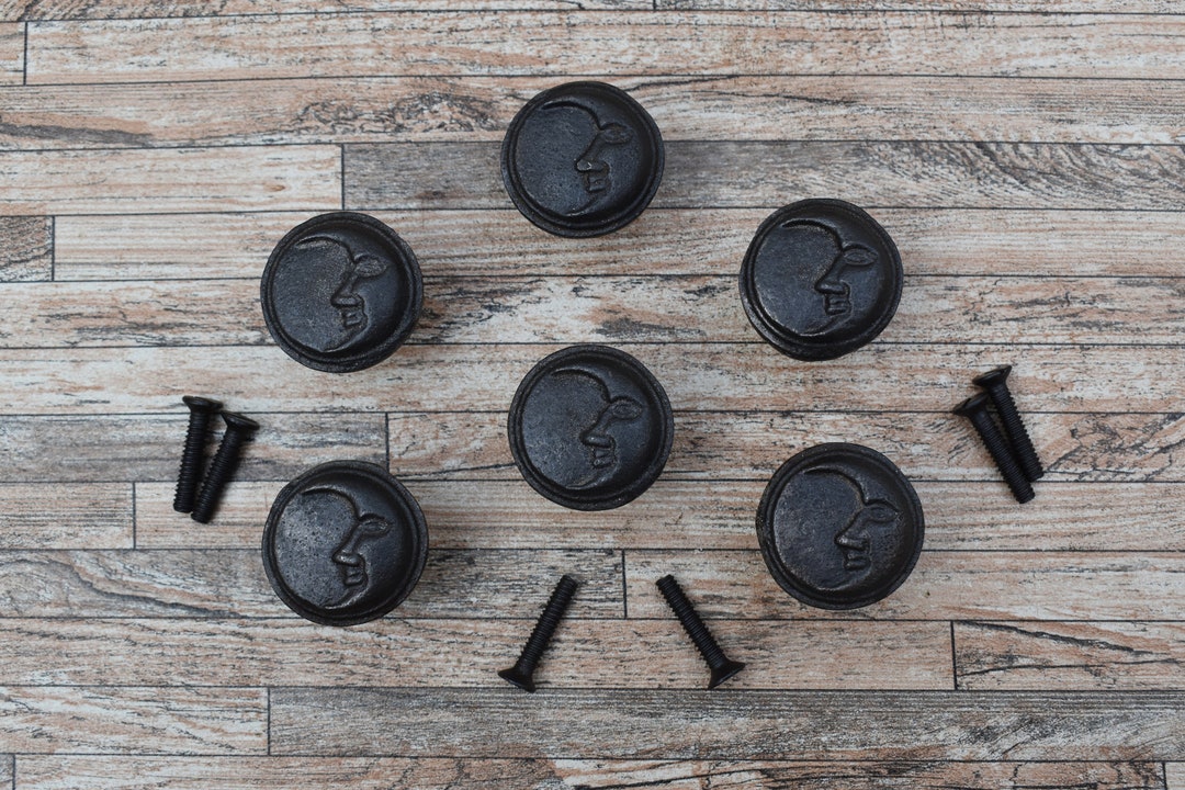 6 Cast Iron Moon Face Knobs - Rustic Drawer Cabinet Pull - Kitchen ...