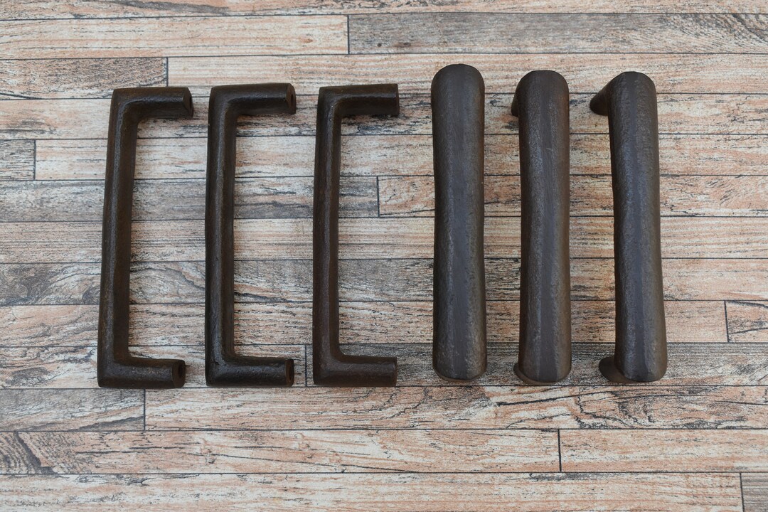 6pcs Vtg Cast Iron Wooden Shape Door Gate Drawer Cupboard Cabinet PULLS ...