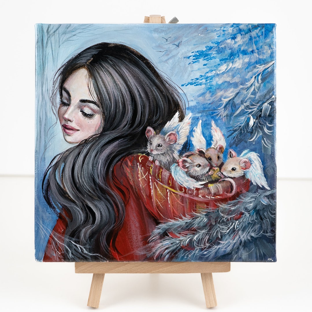 Queen of Mice, Small Fantasy Painting, Girl With Winged Mice Art ...