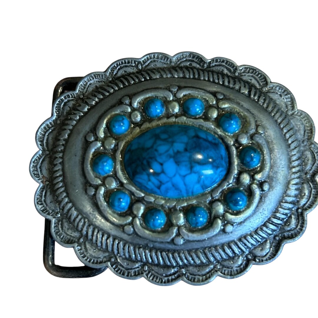 Vintage Metal and Faux Turquoise Belt Buckle Oval Scalloped Edges - Etsy