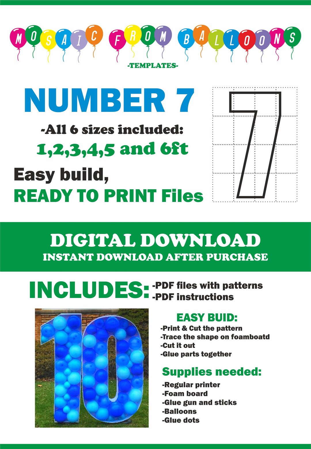 NUMBER 7-ALL Sizes 1 to 6 Ft Tall Mosaic From Balloons Templates ...