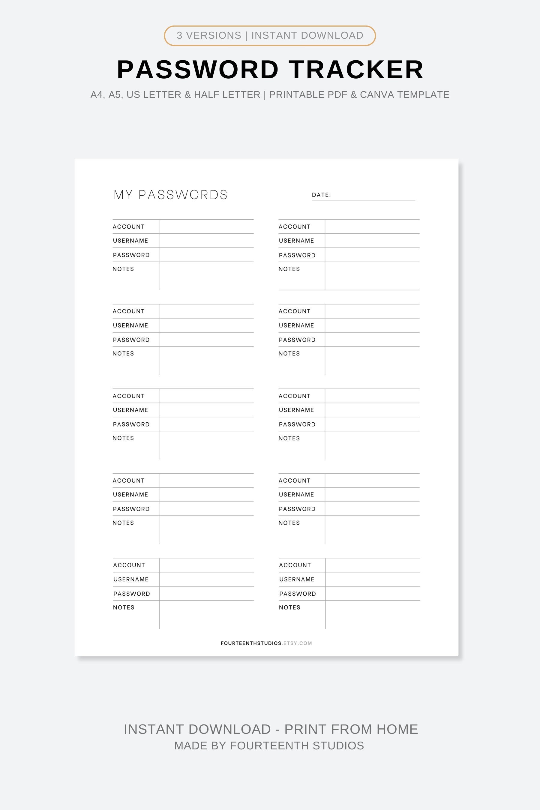 Simple Password Tracker Printable & Fillable PDF | Password Organizer ...
