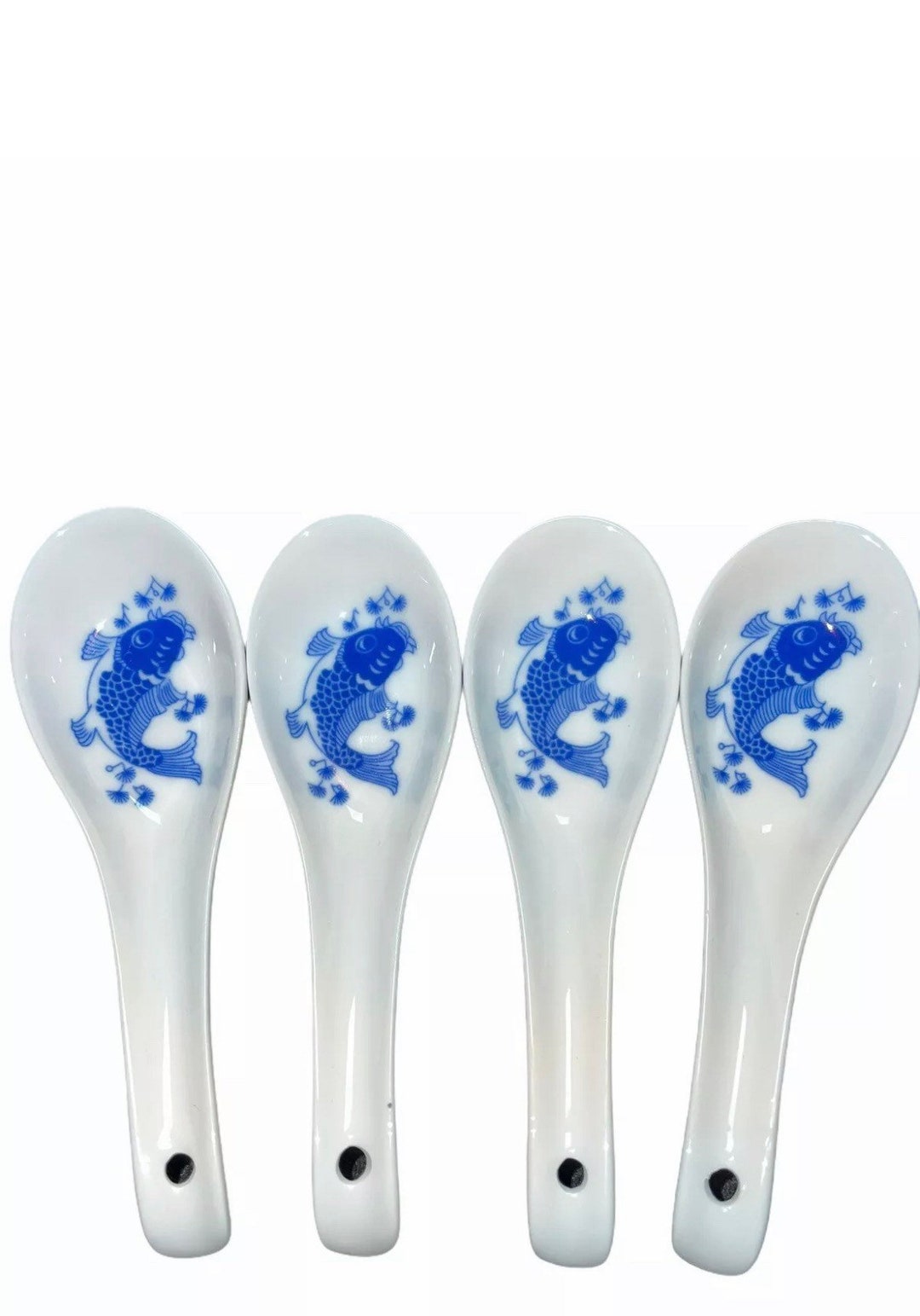 Set of 4 Chinese Noodle Spoon, Blue Fish Spoons, Blue and White Rice ...