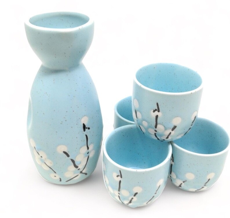 Japanese Ceramic Sake Set 5 Piece Baby Blue With White Cherry Blossom ...