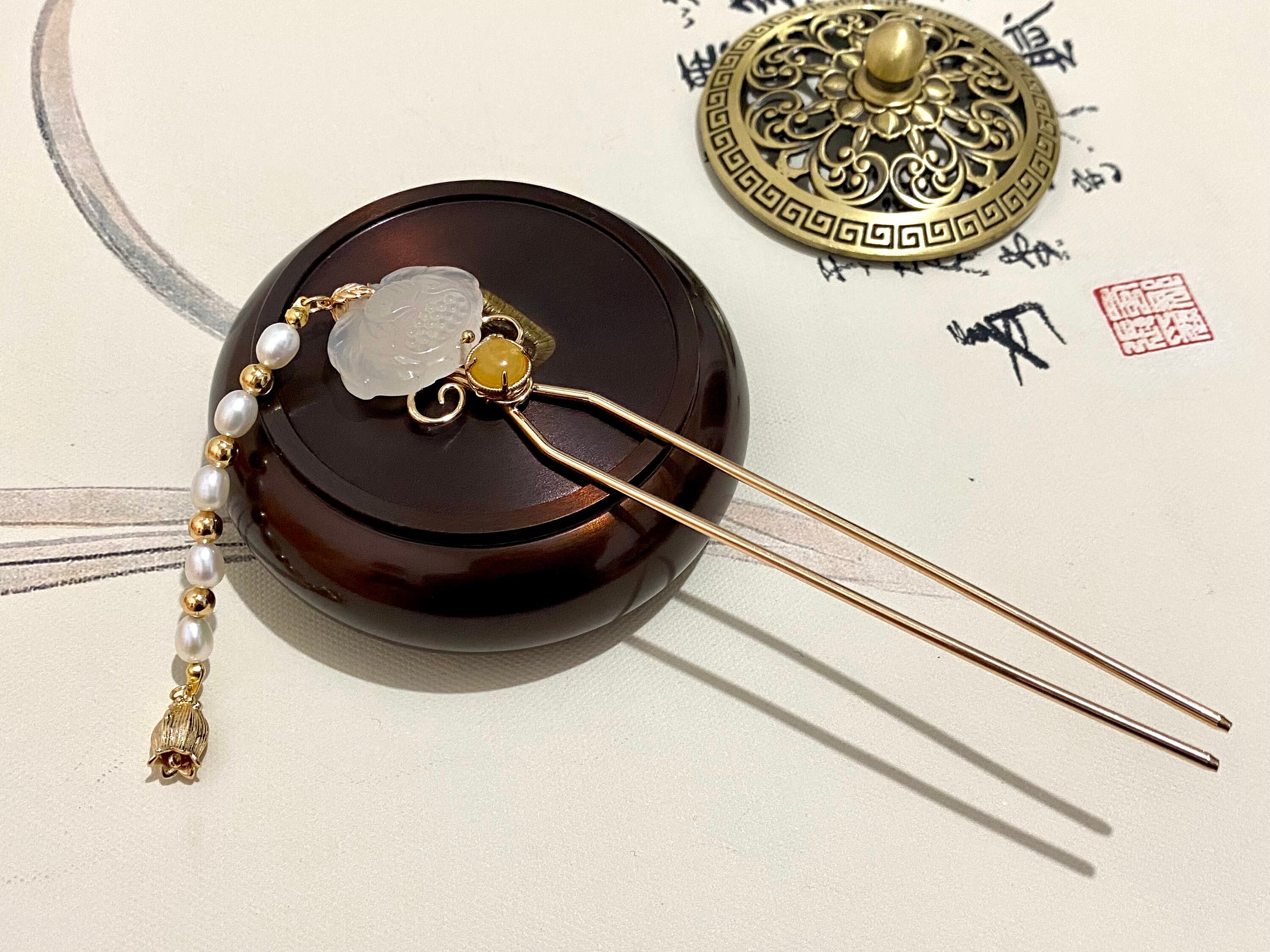 Lotus Yellow Jade Copper Hair Sticks Pearl Dangle Hair - Etsy