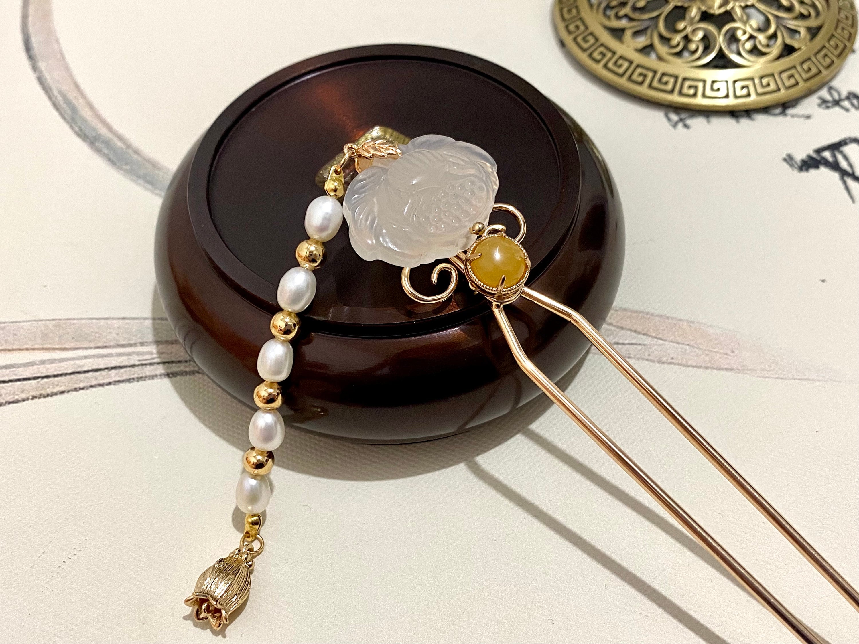 Lotus Yellow Jade Copper Hair Sticks Pearl Dangle Hair - Etsy