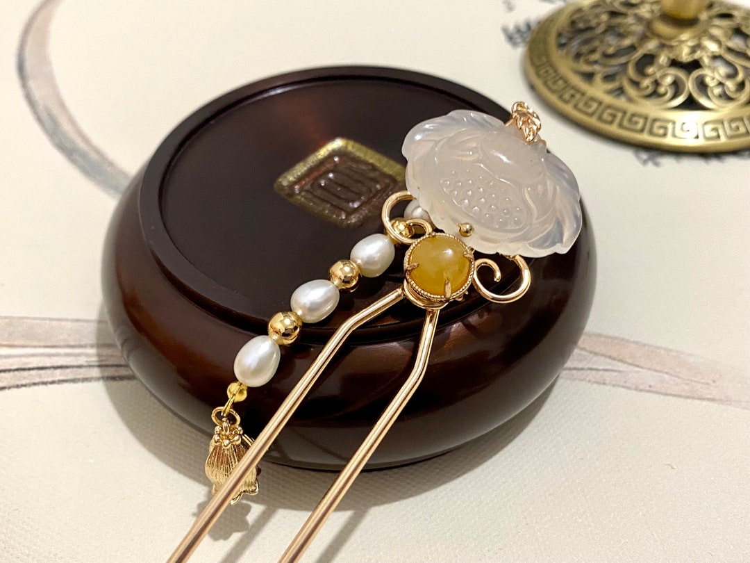 Lotus Yellow Jade Copper Hair Sticks Pearl Dangle Hair Pin-chinese Hair ...