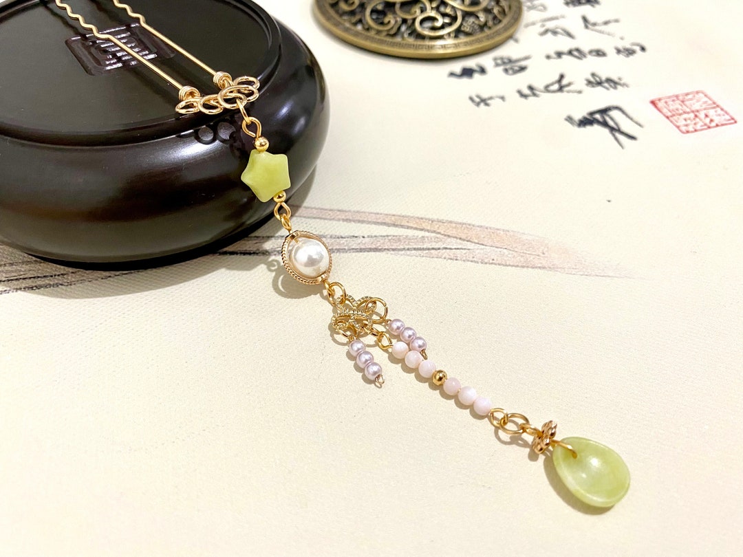 Mini Copper Dangle Hair Forks Butter Jade Hair Stick Gemstone Hair ...