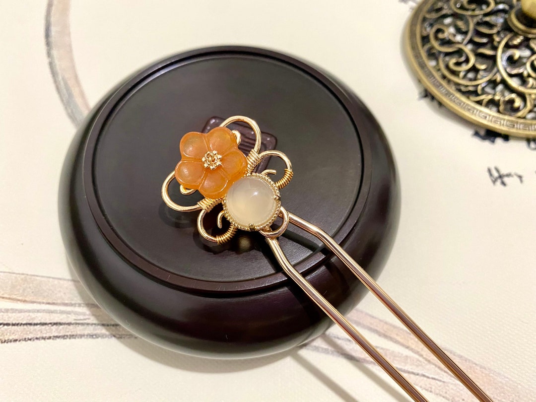 Golden Jade Flower Copper Hair Sticks Hair Pin-chinese Hair Sticks ...