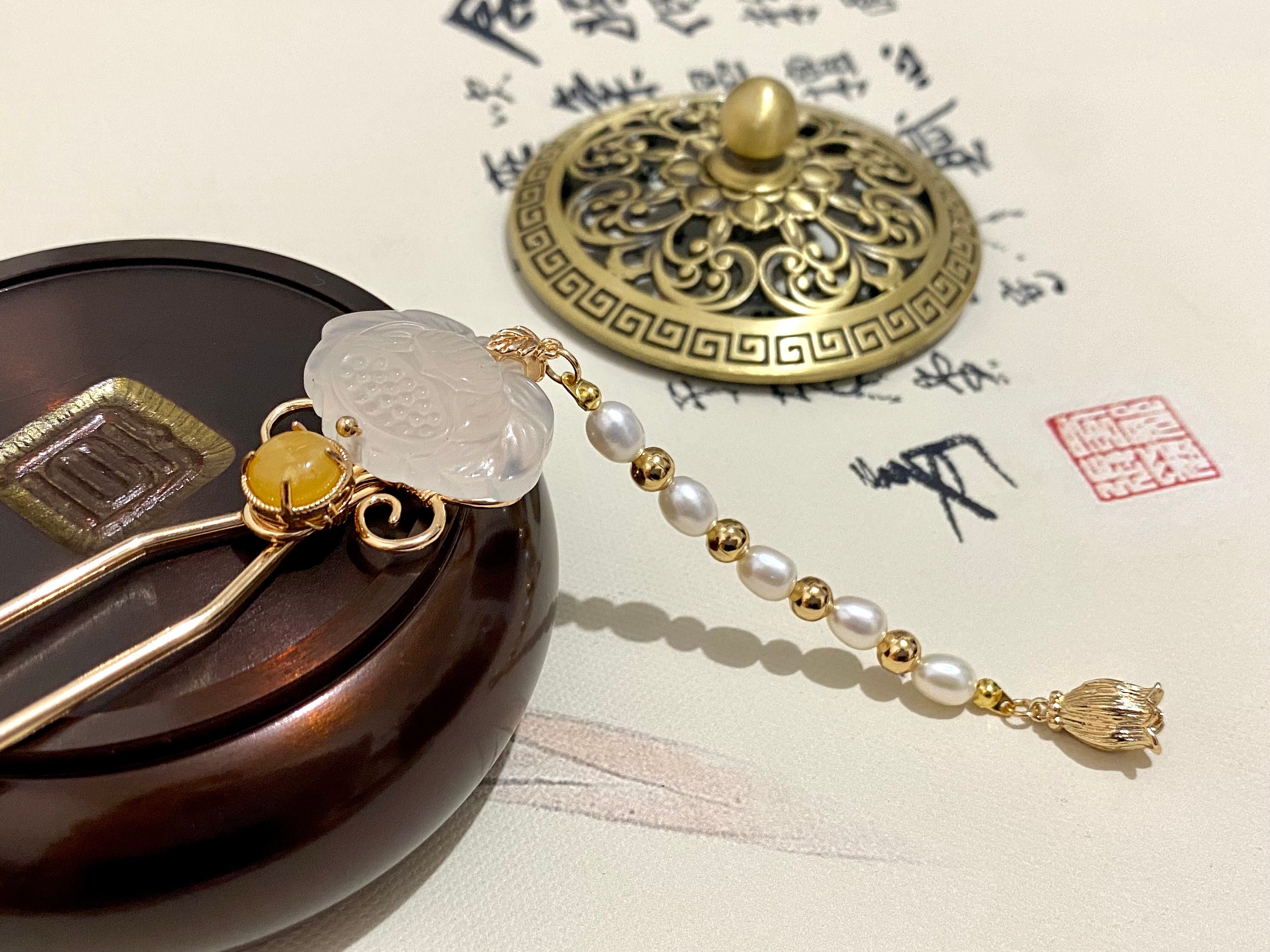Lotus Yellow Jade Copper Hair Sticks Pearl Dangle Hair Pin-chinese Hair ...