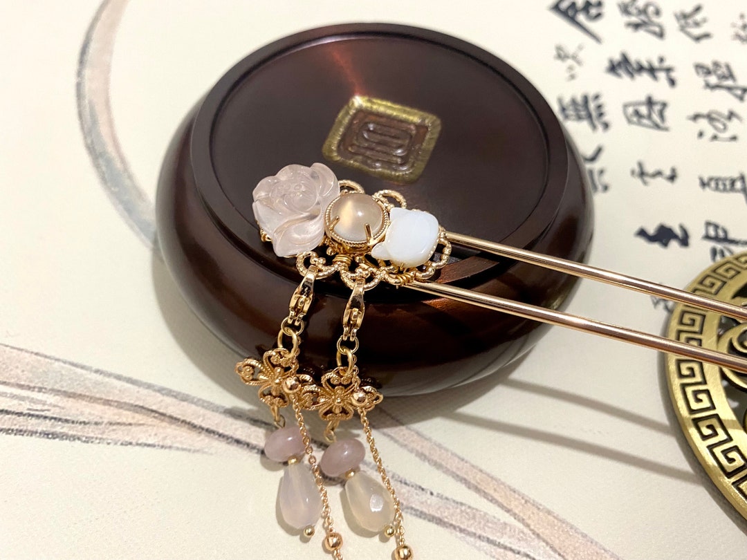 Lotus Rose Quartz-dangle Copper Hair Sticks Hair Fork Chopstick-flower ...