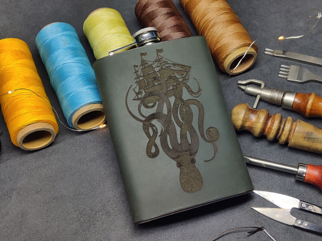 Skull Skeleton Octopus Kraken Ocean Sea Monster Battle Element Logo Leather Custom Groom Hip ...