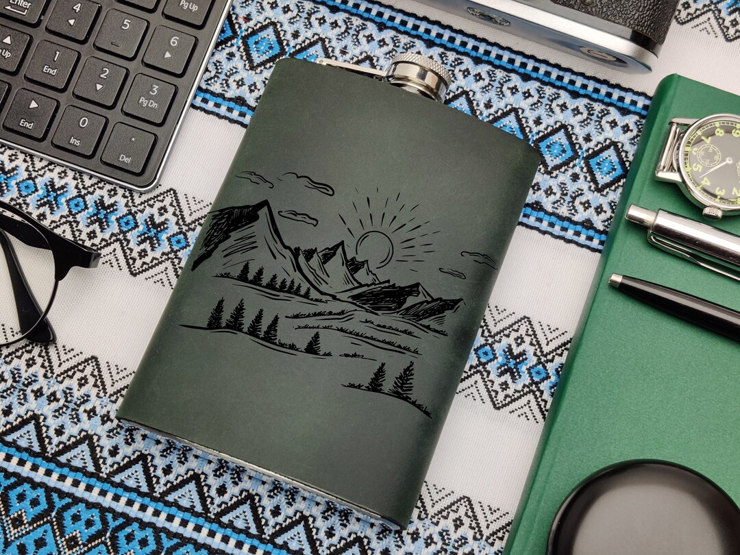 Mountain Gift Forest House Hip Flask Decor Sunset Woods Camping Sunrise ...