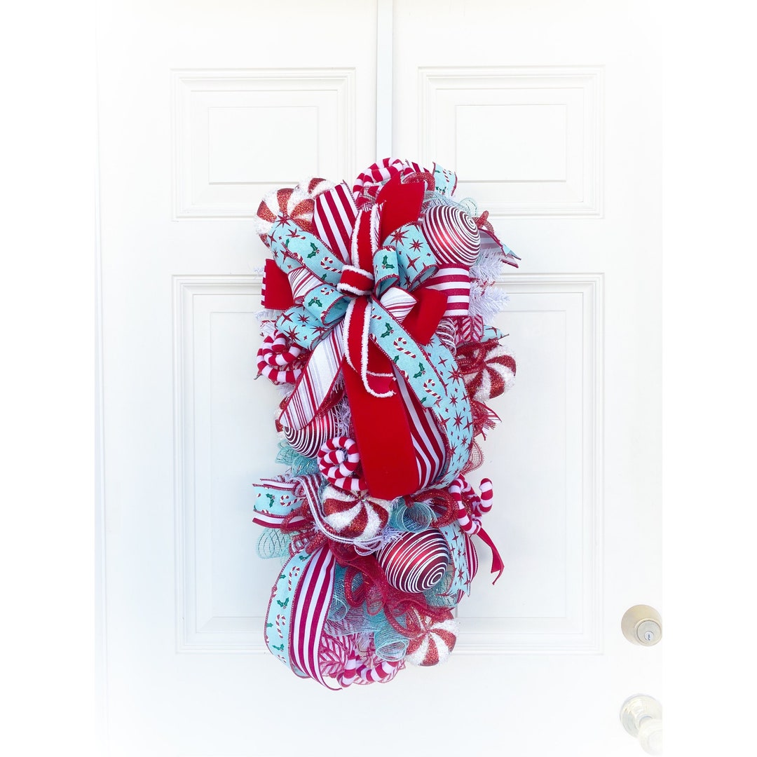 Peppermint Candy Cane Christmas Door Swag, Red & Aqua Holiday Decor ...