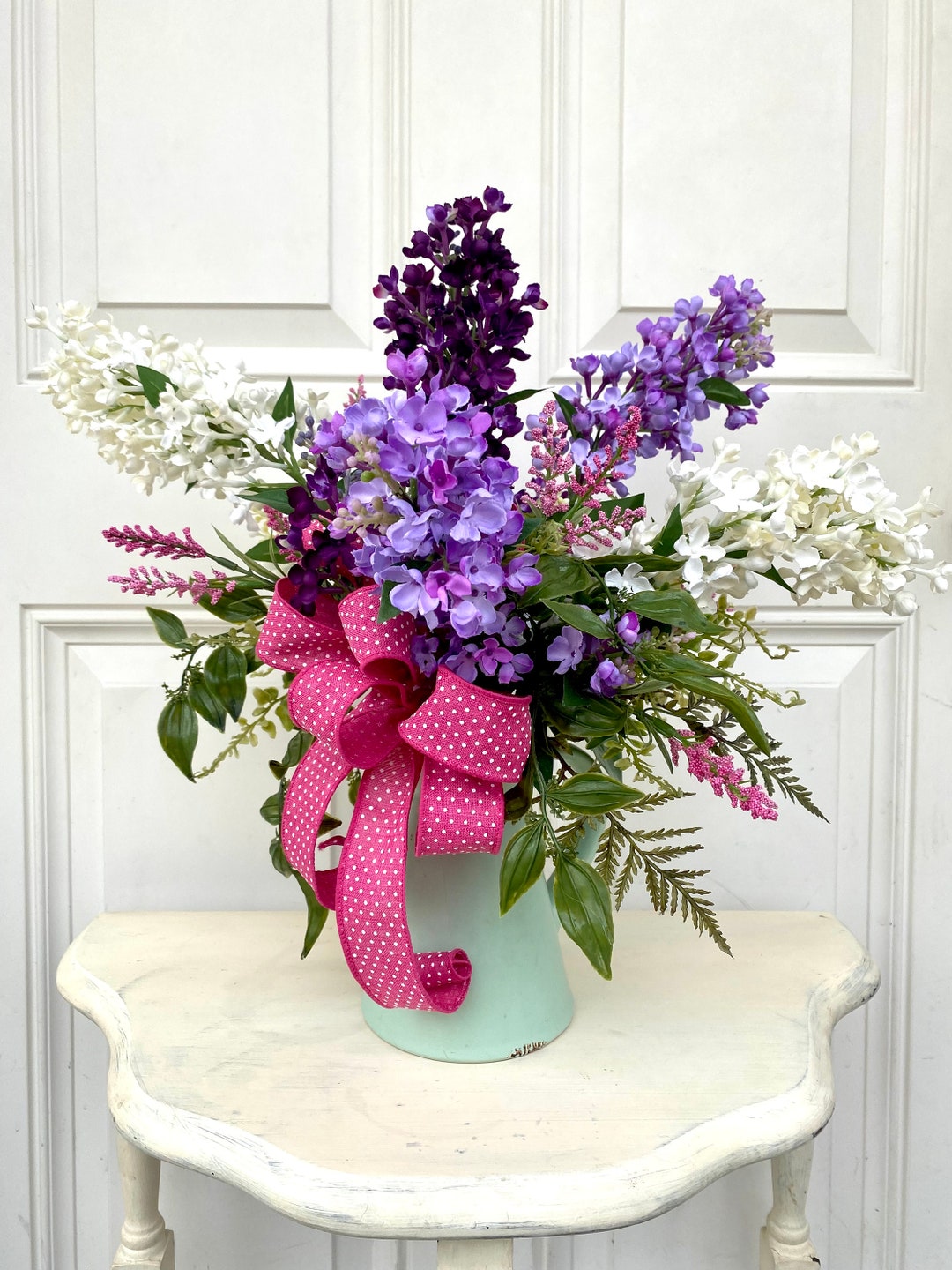 Lilac Floral Arrangement: Spring Centerpiece in Mint Pitcher - Etsy