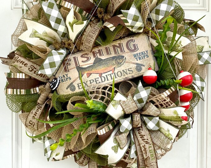 Fishing Wreath for Front Door, Wreath W/ Fishing Theme, Fishing Wreath ...