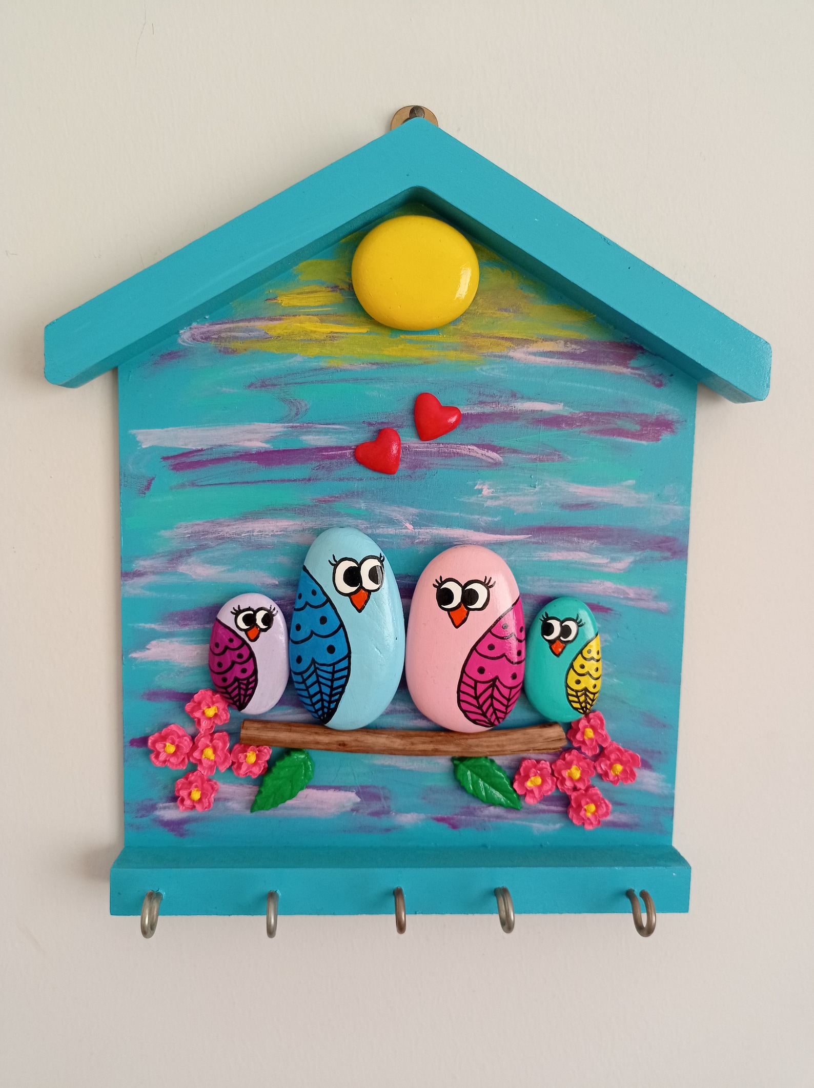 Modern Unique Wooden Key Holder, Ocean-rolled Painted Stone Wood Key ...