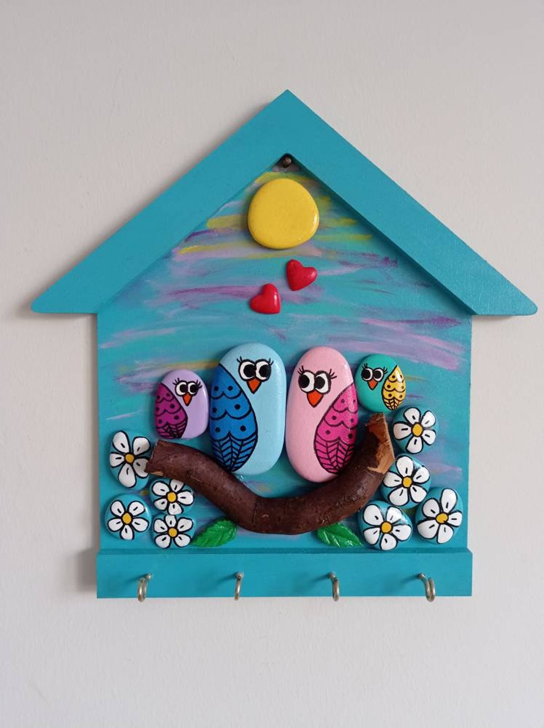 Modern Unique Wooden Key Holder, Ocean-rolled Painted Stone Wood Key ...