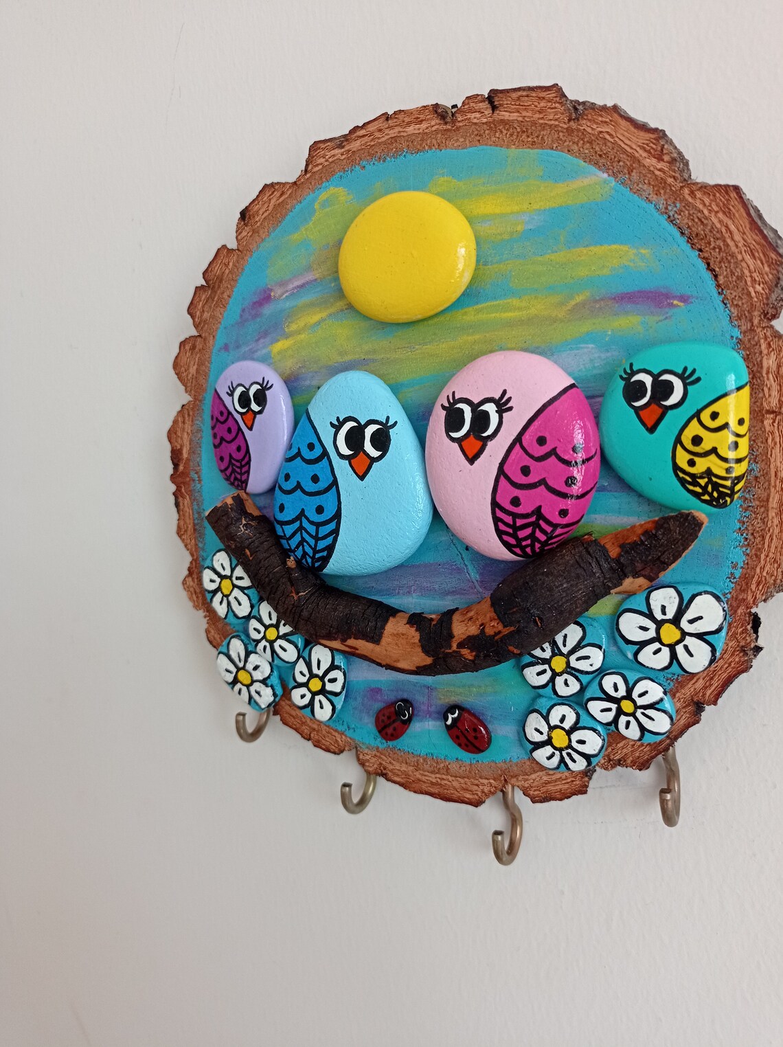 Modern Unique Wooden Key Holder, Ocean-rolled Painted Stone Wood Key ...