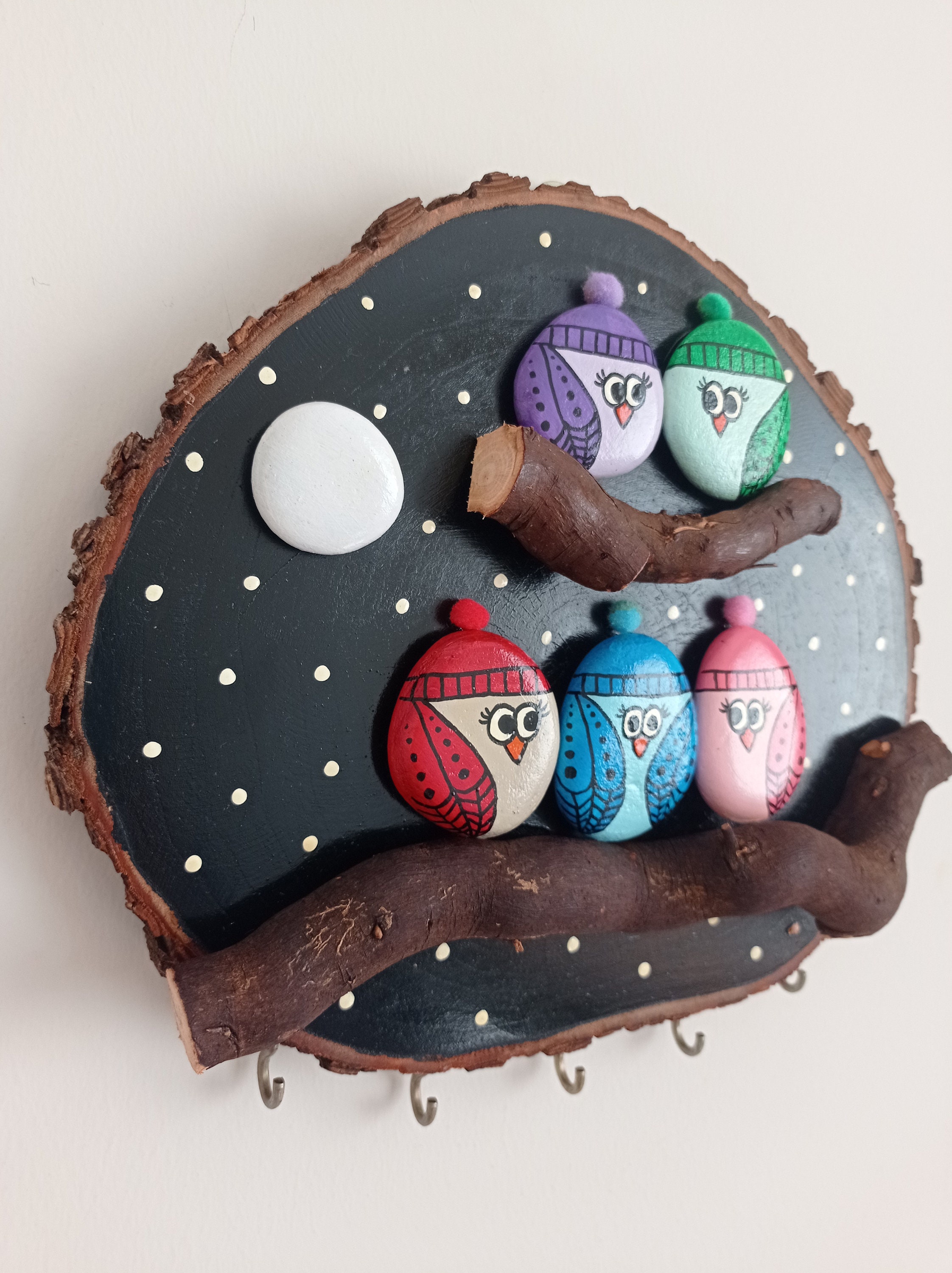 Modern Unique Wooden Key Holder, Ocean-rolled Painted Stone Wood Key ...