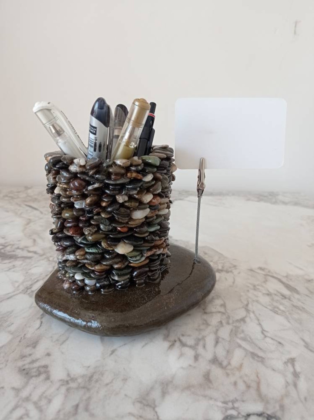 Naturel Stone Pen Holder Coated With Resin and Metal Note Holder Pegs ...