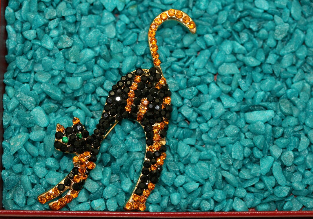 Vintage Rhinestone Black Scary Halloween Cat Brooch Pin - Etsy