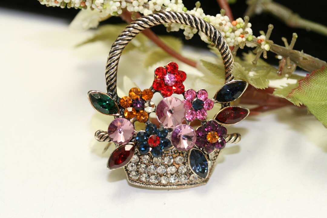Colorful Antique Flower Basket Brooch Pin Artificial Crystal Rhinestone ...