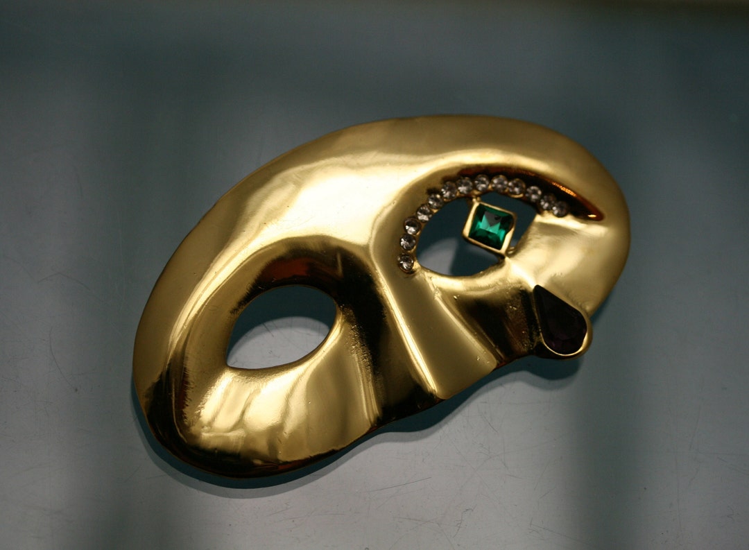 Vintage Tear Drop Mask Actor Rhinestone Crystal Gold Tone Red Green Pin ...