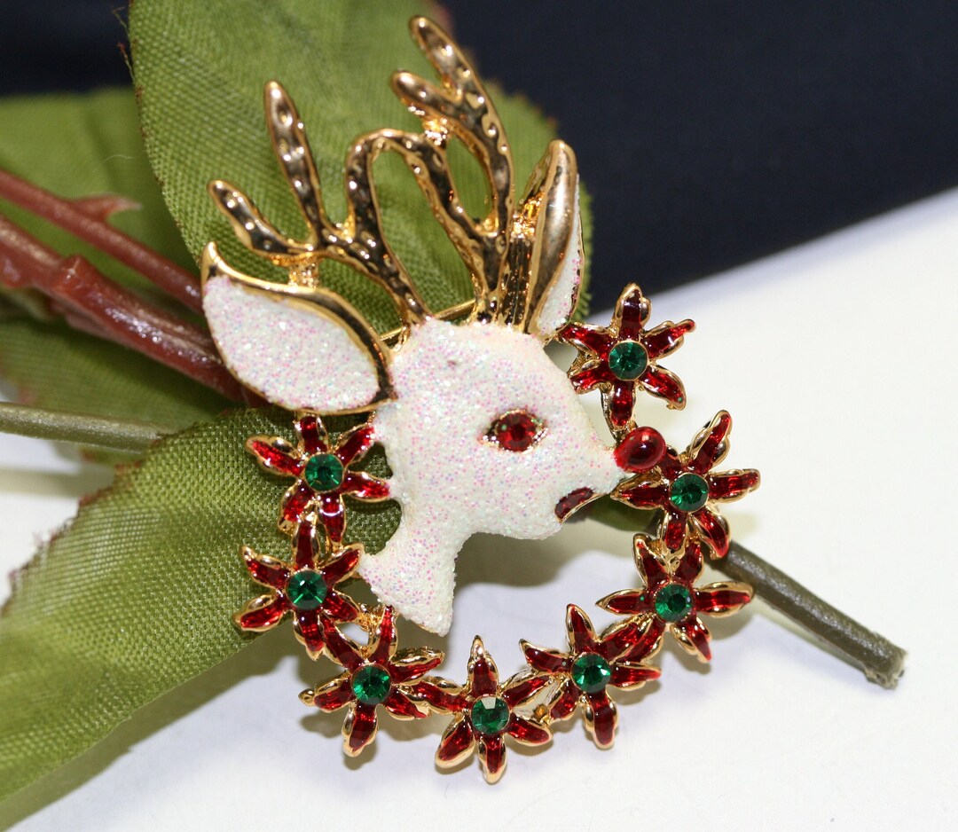 Rhinestone White Glitter Reindeer Brooch Pin , Christmas Poinsettia ...