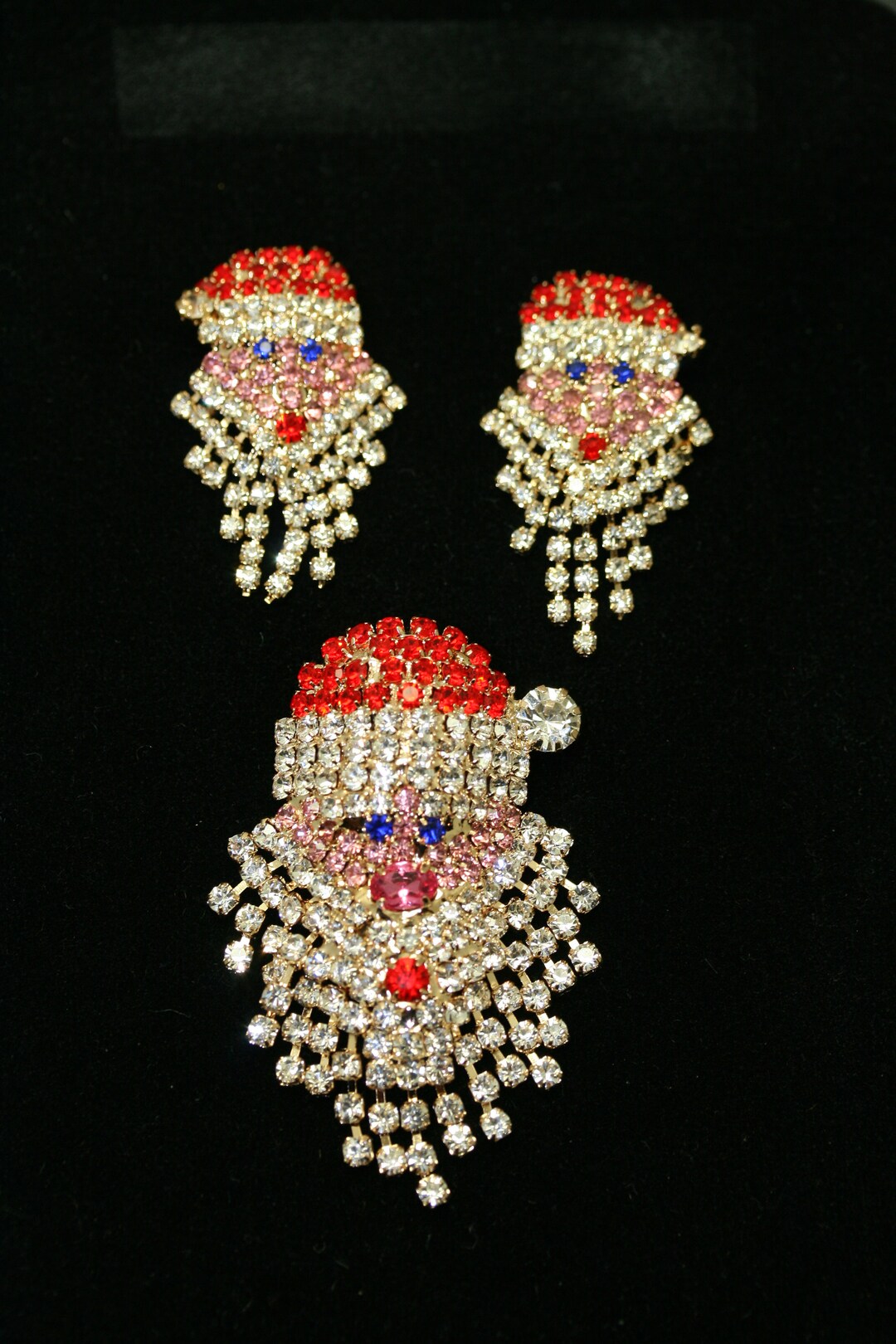 Vintage Sparkly Rhinestone Santa Claus Face Brooch Pin and Earrings Set ...