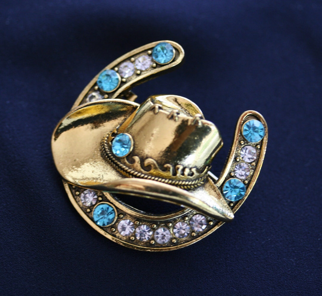 Western Style Cowboy Hat Brooch Pin Inlaid Shiny Rhinestone Horseshoe ...