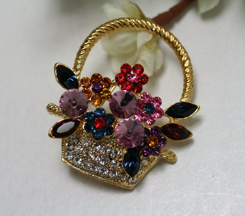 Colorful Antique Flower Basket Brooch Pin Artificial Crystal - Etsy